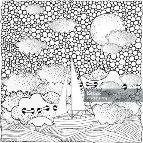 파도에 떠있는 나무 보트 태양 바다 예술 배경 손으로 그린 낙서 벡터 성인 색칠 공부 책의 벡터 패턴입니다 흑백 컬러링 북 페이지 일러스트레이션 기법에 대한 스톡 벡터 아트