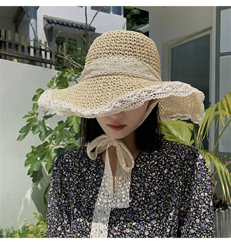 스토로우 리본 레이스 왕골모자 썬캡 챙모자 여성 자외선 햇빛 차단 라피아 여름 햇 밀짚 왕골 티몬