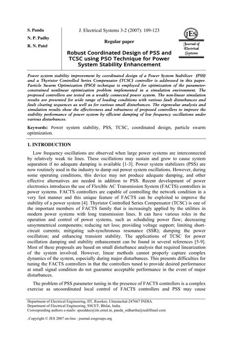 Pdf Robust Coordinated Design Of Pss And Tcsc Using Pso Technique For