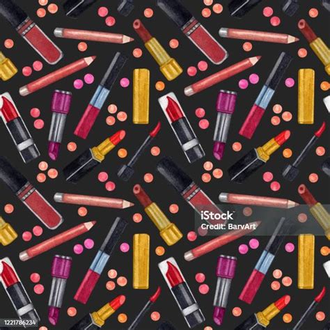 수채화는 매끄러운 패턴을 구성합니다 어두운 배경에 립스틱 아이 섀도우 파우더 화장품 텍스처 브러쉬 마스카라와 손으로 그린 원활한 화장품 패턴 0명에 대한 스톡 벡터 아트 및