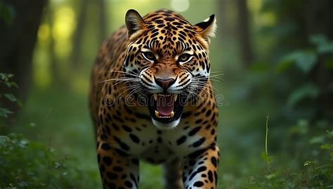 Snarling Jaguar Approaching Through Jungle With Prominent Teeth And