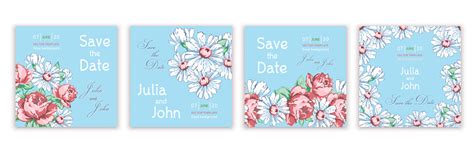 템플릿 초대장 배너 크리에이티브 커버 포스터 인사말 카드 파란색 배경에 장미와 데이지의 꽃이있는 다채로운 추상적 인 꽃 디자인의 전단지 세트 벡터 일러스트레이션 0명에 대한