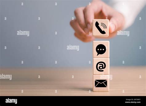 Hand Putting Wooden Block Cube Symbol Telephone Email Address