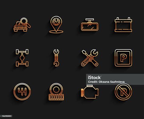 라인 기어 시프터 자동차 휠 검색 엔진 점검 주차 또는 정지 금지 렌치 드라이버 및 렌치 도구 아이콘을 설정합니다 벡터 거리에