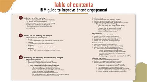 table of contents rtm guide to improve brand engagement mkt ss v ppt