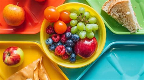 Colorful School Lunch Tray With Fresh Fruits And Sandwich Healthy