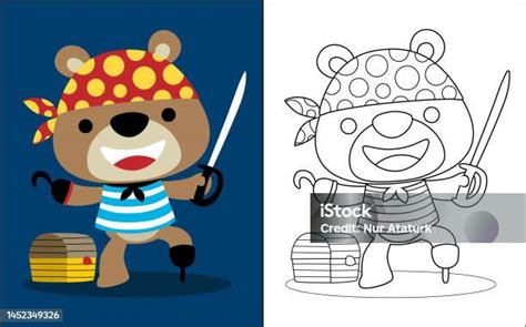 보물 상자를 가진 해적 의상을 입은 재미있는 곰 만화와 함께 색칠하기 책의 벡터 그림 곰에 대한 스톡 벡터 아트 및 기타 이미지 곰 수병 걸이 장비 Istock