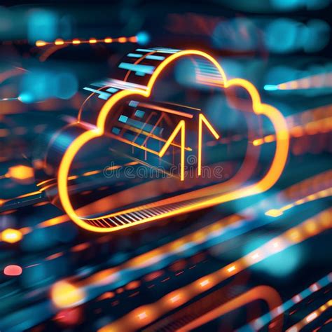 Neon Cloud Computing Symbol With Up Arrow Over Circuit Board Blockchain And Secure Data Stock