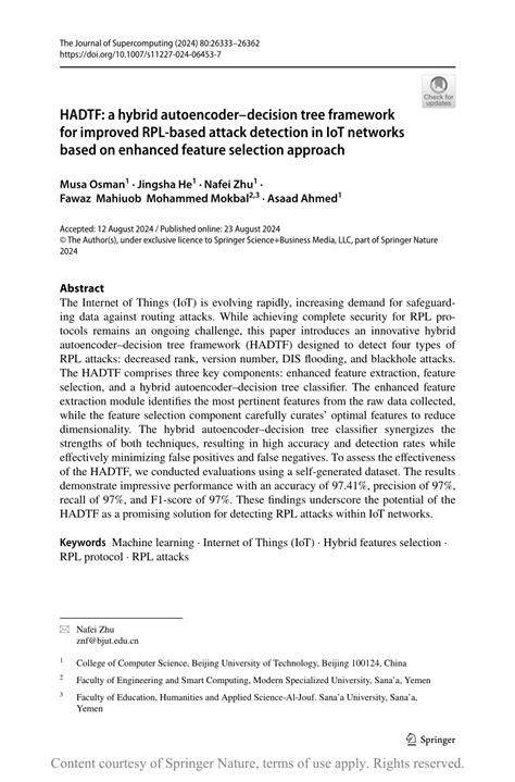 Hadtf A Hybrid Autoencoderdecision Tree Framework For Improved Rpl Based Attack Detection In