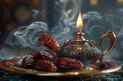 The Dates Are On Top Of A Plate With An Oil Lamp Stock Illustration Illustration Of Plate