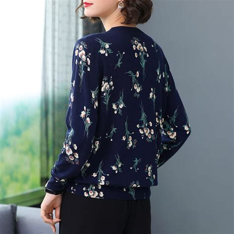 Badu Bg Yisu Дамски пуловер с щампа на цветя Есен Зима О образно деколте Пуловер с дълъг ръкав