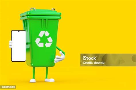 당신의 디자인을위한 빈 화면현대 휴대 전화와 재활용 기호 녹색 쓰레기 쓰레기 쓰레기통 문자 마스코트 3d 렌더링 0명에 대한 스톡 사진 및 기타 이미지 Istock