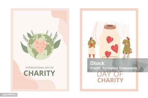 국제 자선의 날 템플릿 세트입니다 자선 행사 초대장 행성 지구와 하트와 기부 상자 초대장 비영리 단체 디자인 벡터 평면 일러스트 벽 Illustration 개념에 대한 스톡