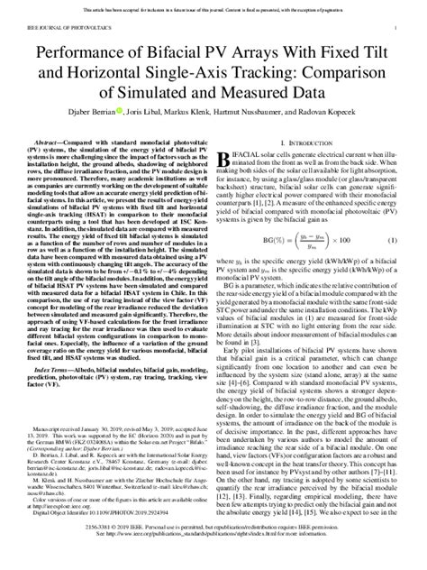 Pdf Performance Of Bifacial Pv Arrays With Fixed Tilt And Horizontal Single Axis Tracking