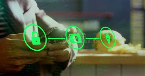 Animation Of Flowchart Over Midsection Of Caucasian Man Scrolling Phone With Burger On Table