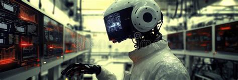 Electronic Robot Analyzing Data On Glowing Screens Stock Illustration Illustration Of Digital