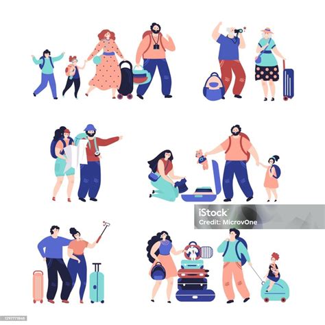 관광객 여행 커플 짐을 가진 고립 된 여행자 휴가 사람 셀카 괜찮은 가방 벡터 문자와 행복한 가족 공항에 대한 스톡 벡터 아트 및 기타 이미지 Istock