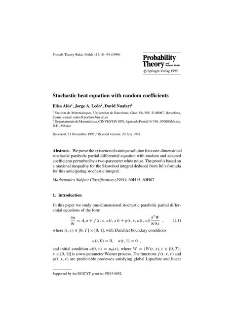 Pdf Stochastic Heat Equation With Random Coefficients