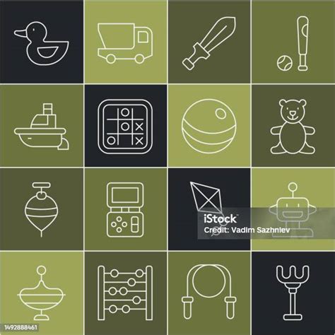 세트 라인 갈퀴 장난감 로봇 테디 베어 봉제 인형 검 박하 사탕 발가락 게임 장난감 보트 고무 오리 및 비치 볼 아이콘 벡터 교육에 대한 스톡 벡터 아트 및 기타 이미지