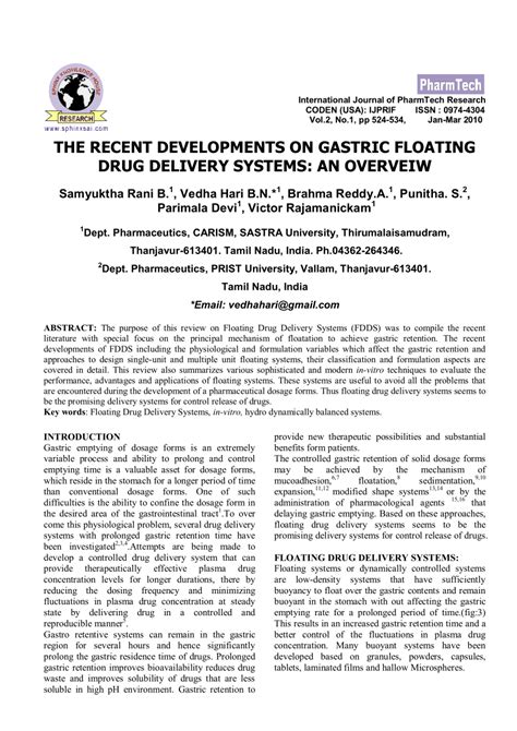 Pdf The Recent Developments On Gastric Floating Drug Delivery Systems A Overveiw