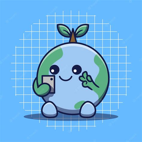 셀카 벡터 일러스트 레이 션을 복용 귀여운 지구 캐릭터 평면 만화 디자인 지구의 날 프리미엄 벡터