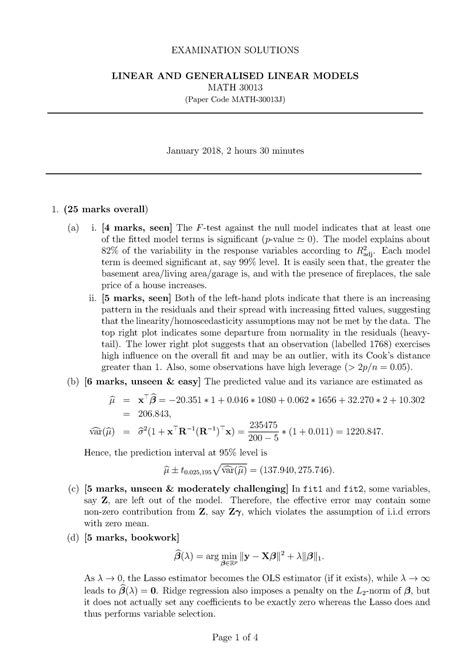Linear And Generalised Linear Models Exam Solutions 2018 Examination Solutions Linear And