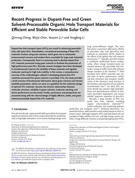 Pdf Recent Progress In Dopant‐free And Green Solvent‐processable