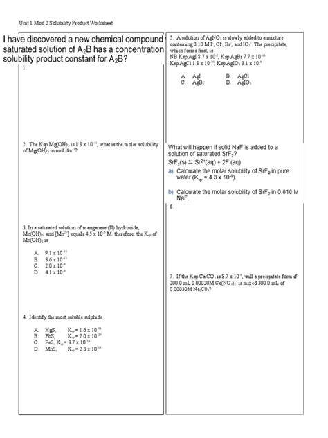Cape Chemistry Unit 1 Module 2 Solubility Product Worksheet Pdf Worksheets Library