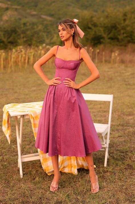 Midi Dress In Damson Purple With Corset Bodice Oh Pretty