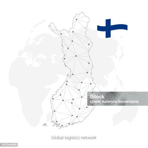 글로벌 물류 네트워크 개념입니다 통신 네트워크 지도 핀란드 세계 배경입니다 다각형 스타일과 플래그 노드와 핀란드를 매핑하십시오