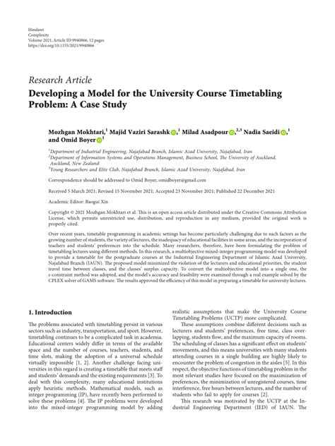 Pdf Developing A Model For The University Course Timetabling Problem