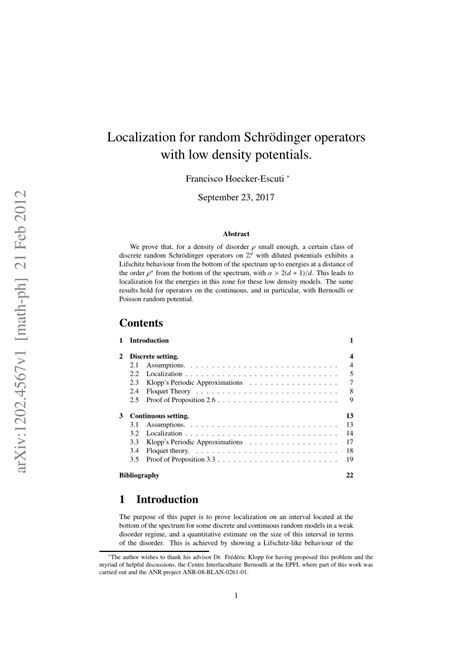 pdf localization for random schr odinger operators with low density