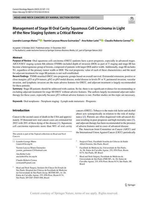Management Of Stage Iii Oral Cavity Squamous Cell Carcinoma In Light Of
