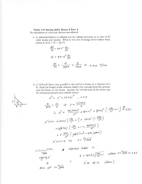 Exam 2 Solved Analytic Geometry And Calculus I Math 113 Docsity