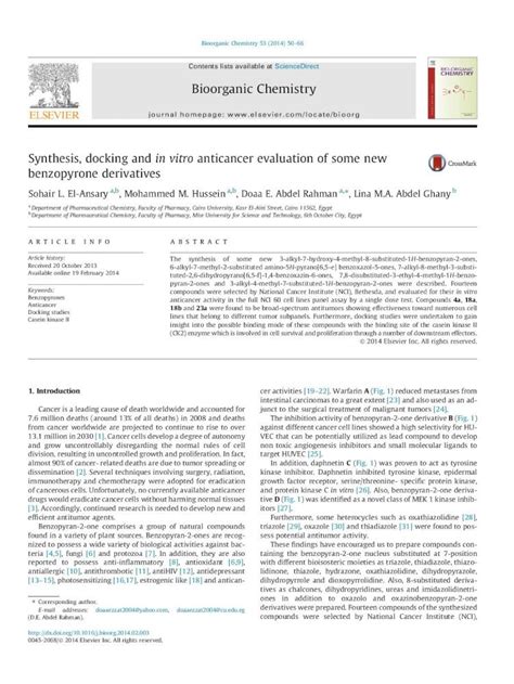 Pdf Synthesis Docking And In Vitro Anticancer Evaluation Of Some S Cv 11pdfsynthesis