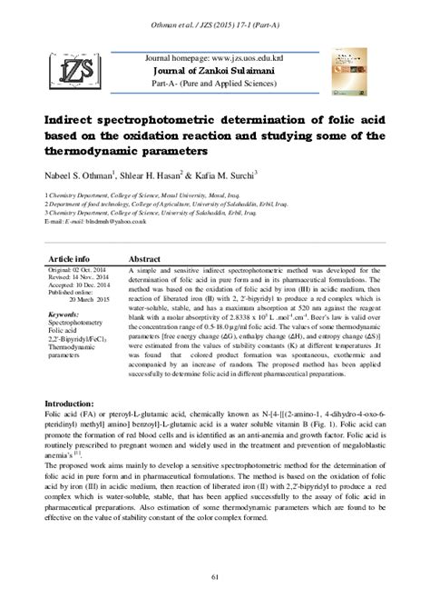 Indirect Spectrophotometric Determination Of Folic Acid Based On The Oxidation Reaction And