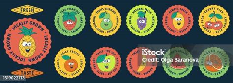 과일 복고풍 만화 스티커 슬로건 만화 캐릭터 바나나 파인애플 수박 복숭아 레몬 사과 배 체리를 인용합니다 90년대 00년대 스타일의 시계태엽 여름 벡터 일러스트레이션 재미에