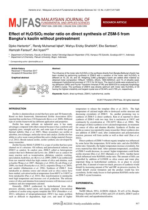 Pdf Effect Of H2o Sio2 Molar Ratio On Direct Synthesis Of Zsm 5 From Bangkas Kaolin Without