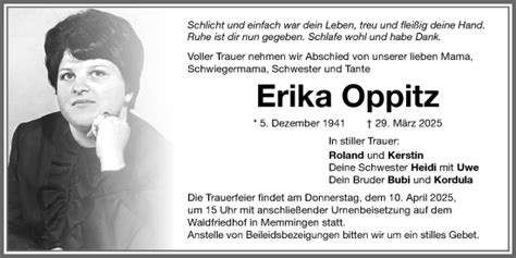 Traueranzeigen Von Erika Oppitz Augsburger Allgemeine Zeitung