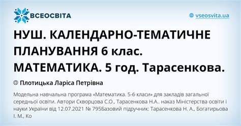 НУШ КАЛЕНДАРНО ТЕМАТИЧНЕ ПЛАНУВАННЯ 6 клас МАТЕМАТИКА 5 год Тарасенкова КТП Математика