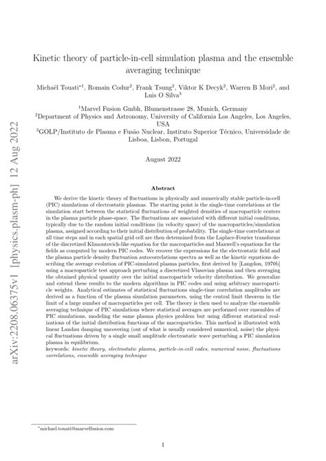 Pdf Kinetic Theory Of Particle In Cell Simulation Plasma And The Ensemble Averaging Technique