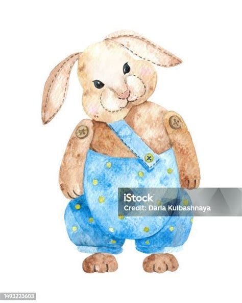 수채화 그림 봉제 장난감 손으로 그린 귀여운 봉제 인형 토끼 파란 장난꾸러기가 있는 부드러운 장난감 0명에 대한 스톡 벡터 아트 및 기타 이미지 Istock
