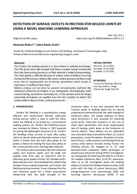 Pdf Detection Of Surface Defects In Friction Stir Welded Joints By