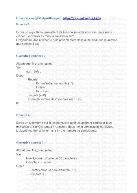 Exercices Corrigé D Algorithme Par Automat Exercice 1 E Document