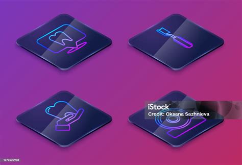 이소측정 라인 치과 진료소 위치 치아 칫솔 및 이비인후과 헤드 리플렉터를 설정합니다 파란색 정사각형 버튼 벡터 3차원 형태에 대한 스톡 벡터 아트 및 기타 이미지 Istock