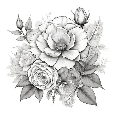 Black And White Pencil Sketch Of A Rose Bouquet With Buds And Leaves