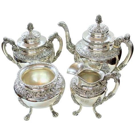 Antique American Coin Silver Rococo Style Four Piece Tea Set By Andrew