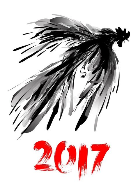 Hand Drawn Digital Rooster In Flight Ink Painting Jumping Cock
