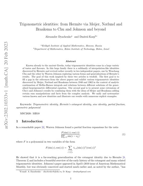 Pdf Trigonometric Identities From Hermite Via Meijer N{ O}rlund And Braaksma To Chu And