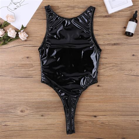 Womens Faux Leather Teddy Bodysuit Lingerie Open Bust Zipper Crotch Nightwear Ebay